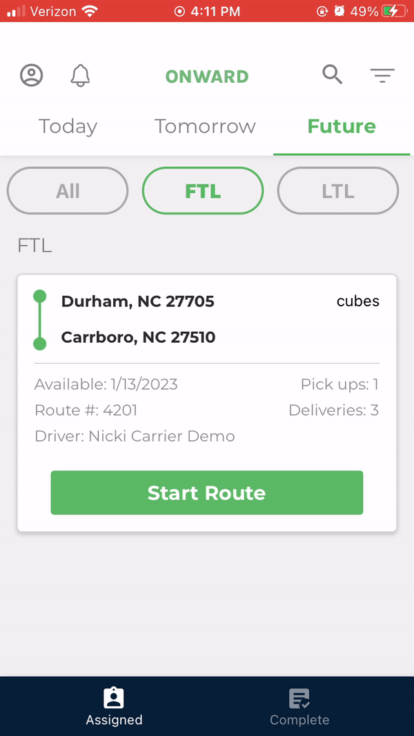 Starting a Route and Loading